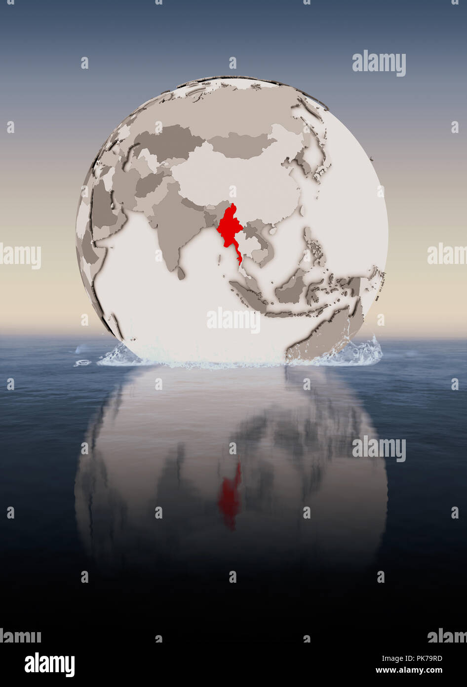 Myanmar In red on globe floating in water. 3D illustration Stock Photo ...
