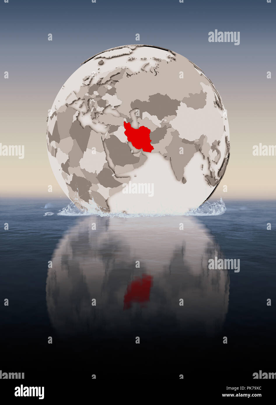 Iran In red on globe floating in water. 3D illustration Stock Photo - Alamy