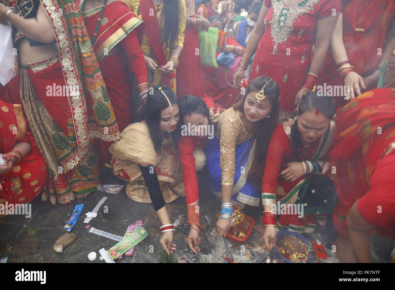 Kathmandu, Nepal. 12th Sep, 2018. Nepalese Hindu women offer ritual ...