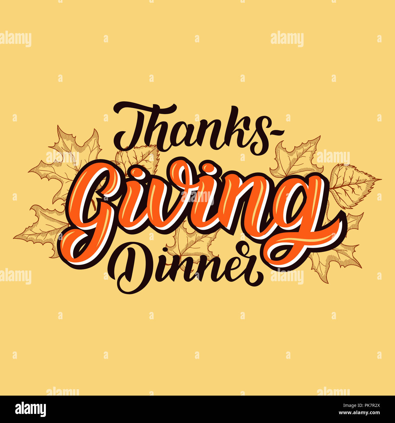 Happy thanksgiving dinner brush hand lettering with sketched maple ...