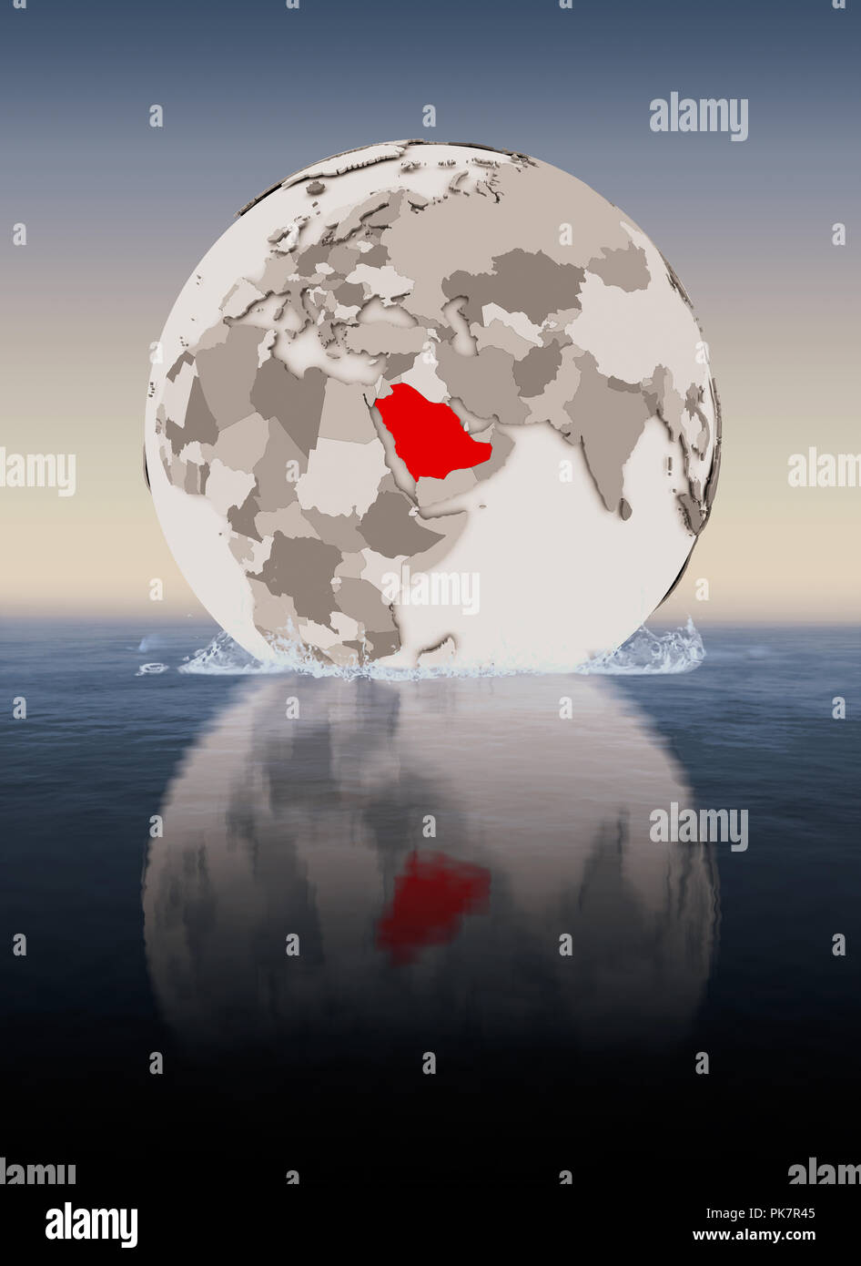 Saudi Arabia In red on globe floating in water. 3D illustration Stock ...