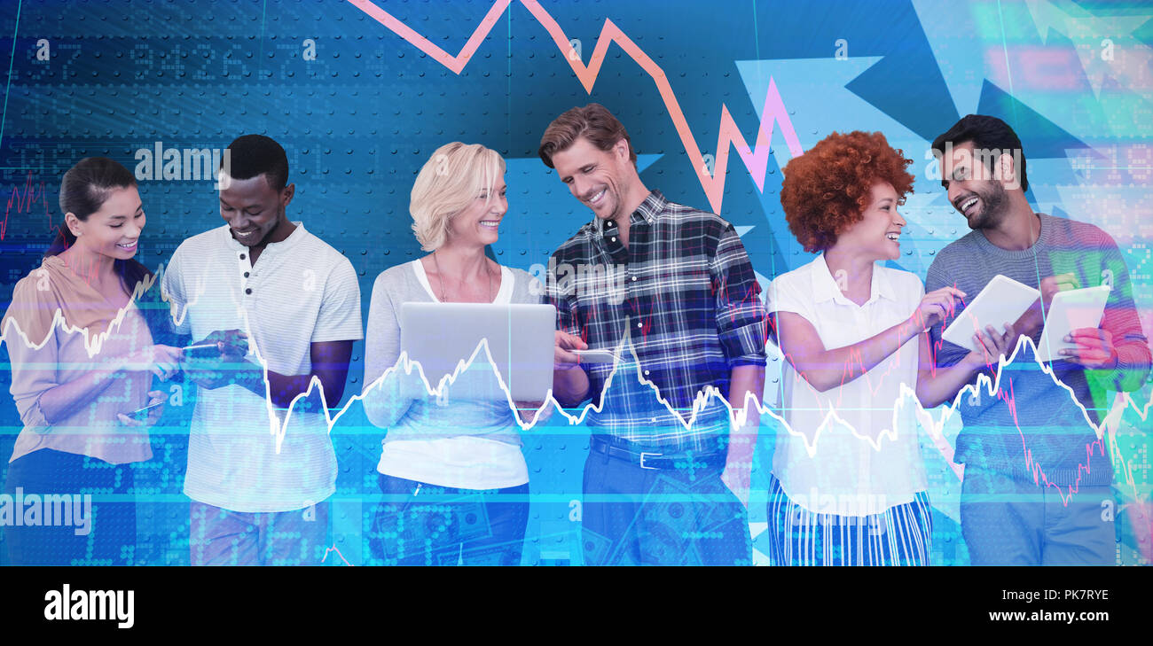 Composite image of smiling business people using technology against ...