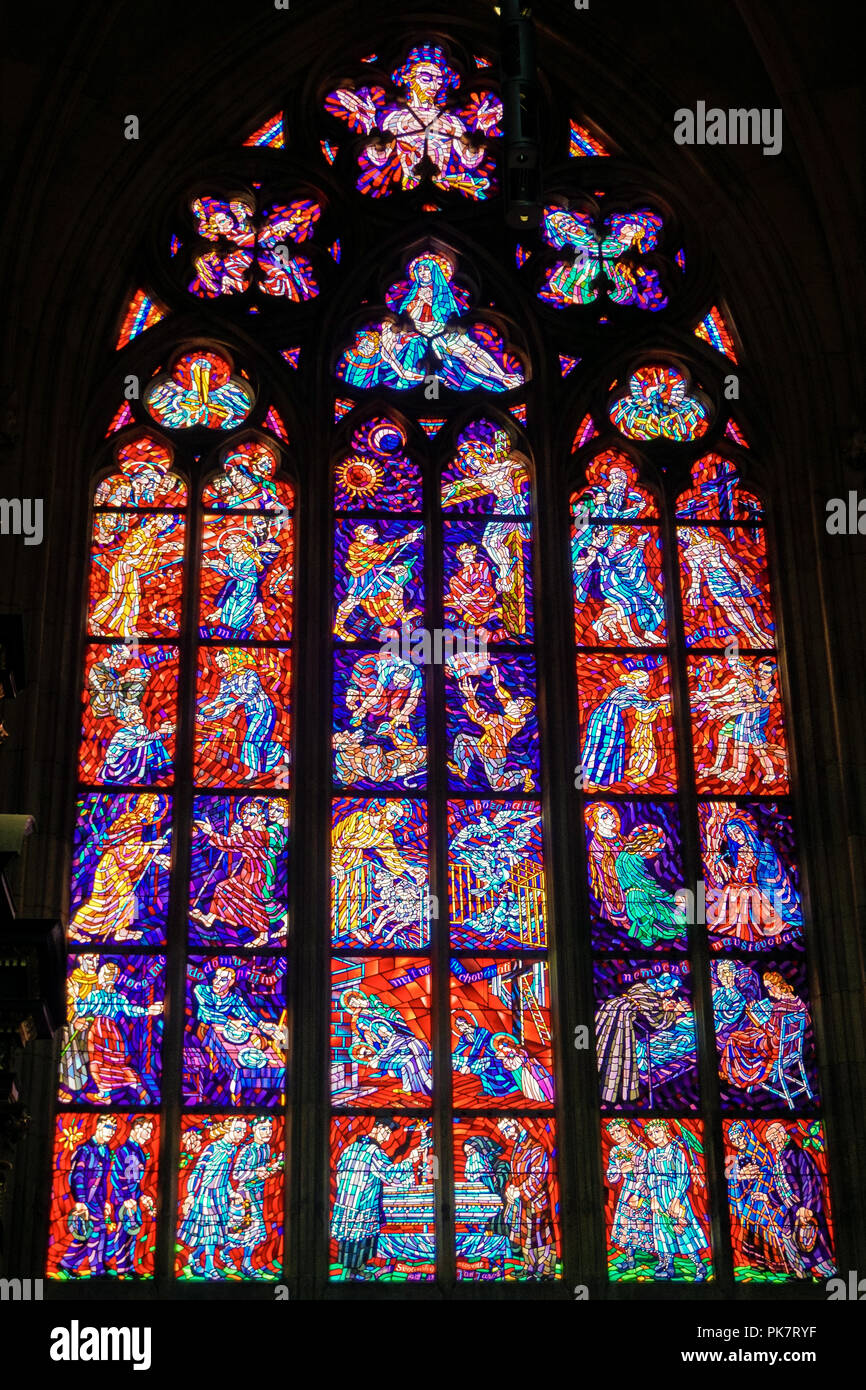 Stained Glass Window In St Vitus Cathedral In Prague Czech Republic