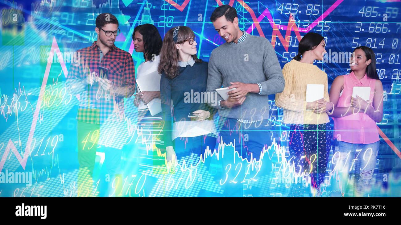 Composite image of smiling business people discssuing over technology ...