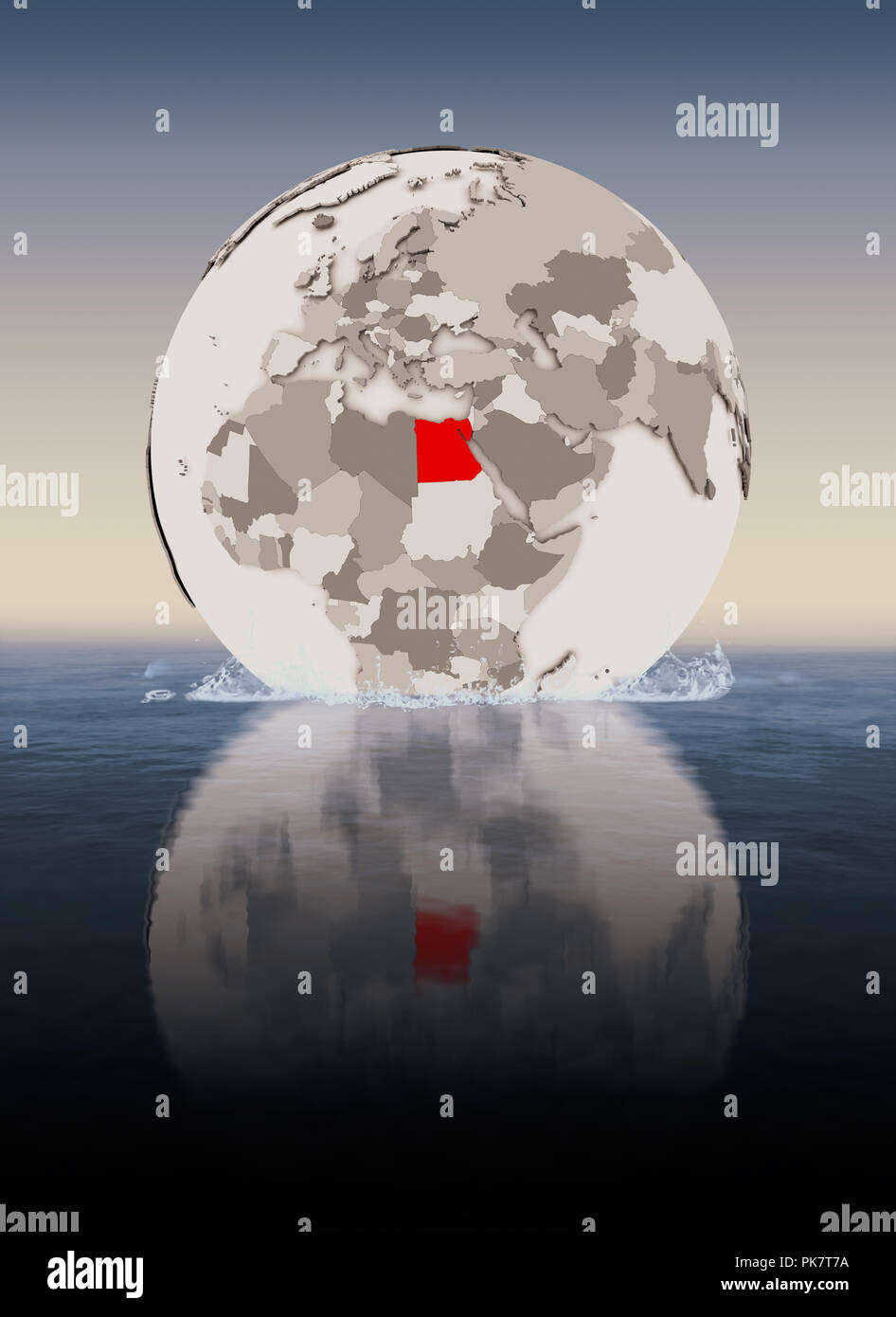 Egypt In red on globe floating in water. 3D illustration Stock Photo ...