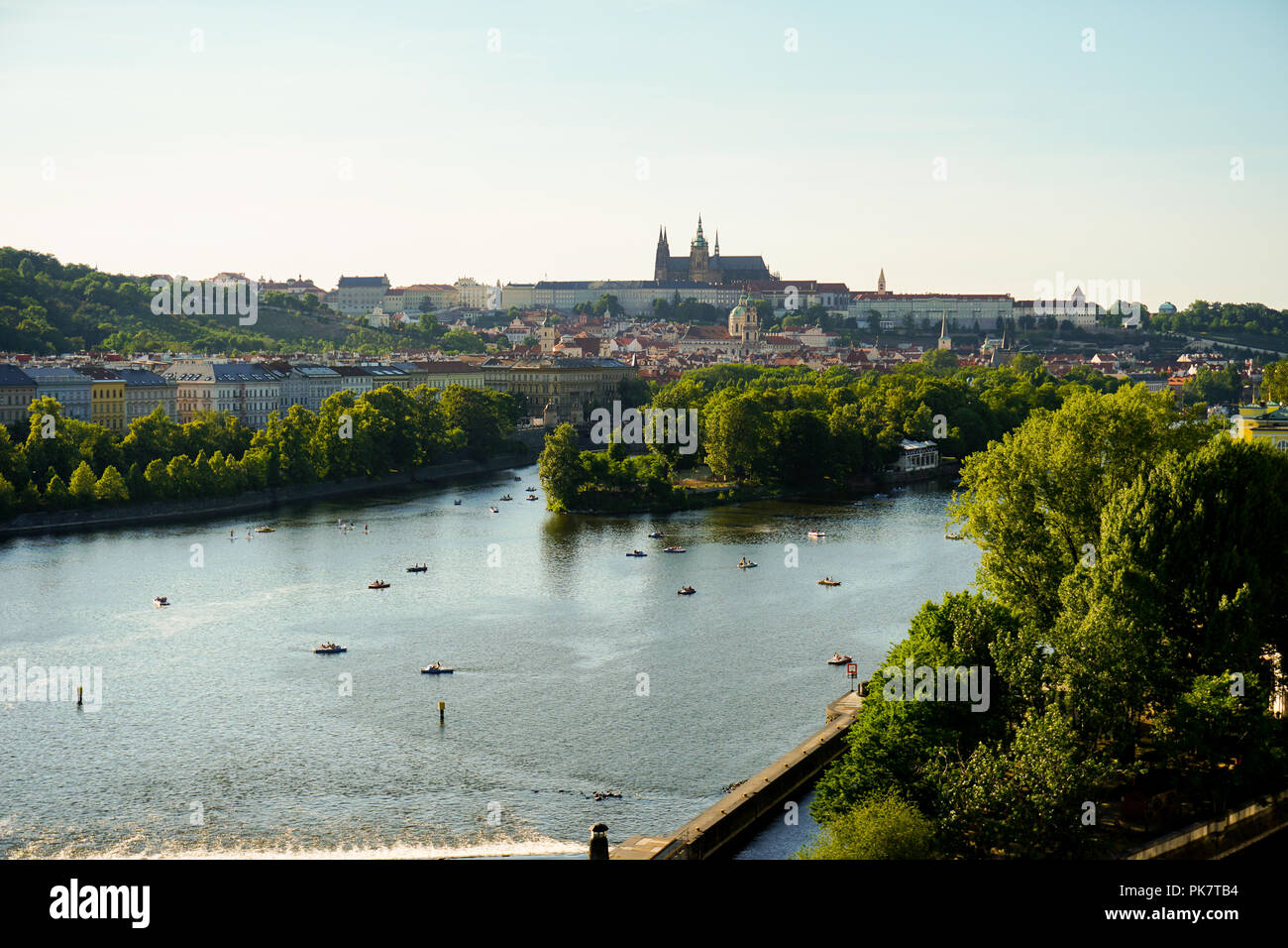 View of Prague and river Vltava with ships, Czech Republic Stock Photo ...