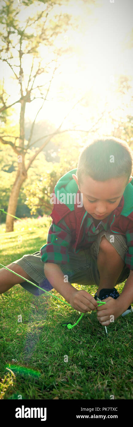 Boy setting up the tent at campsite Stock Photo - Alamy