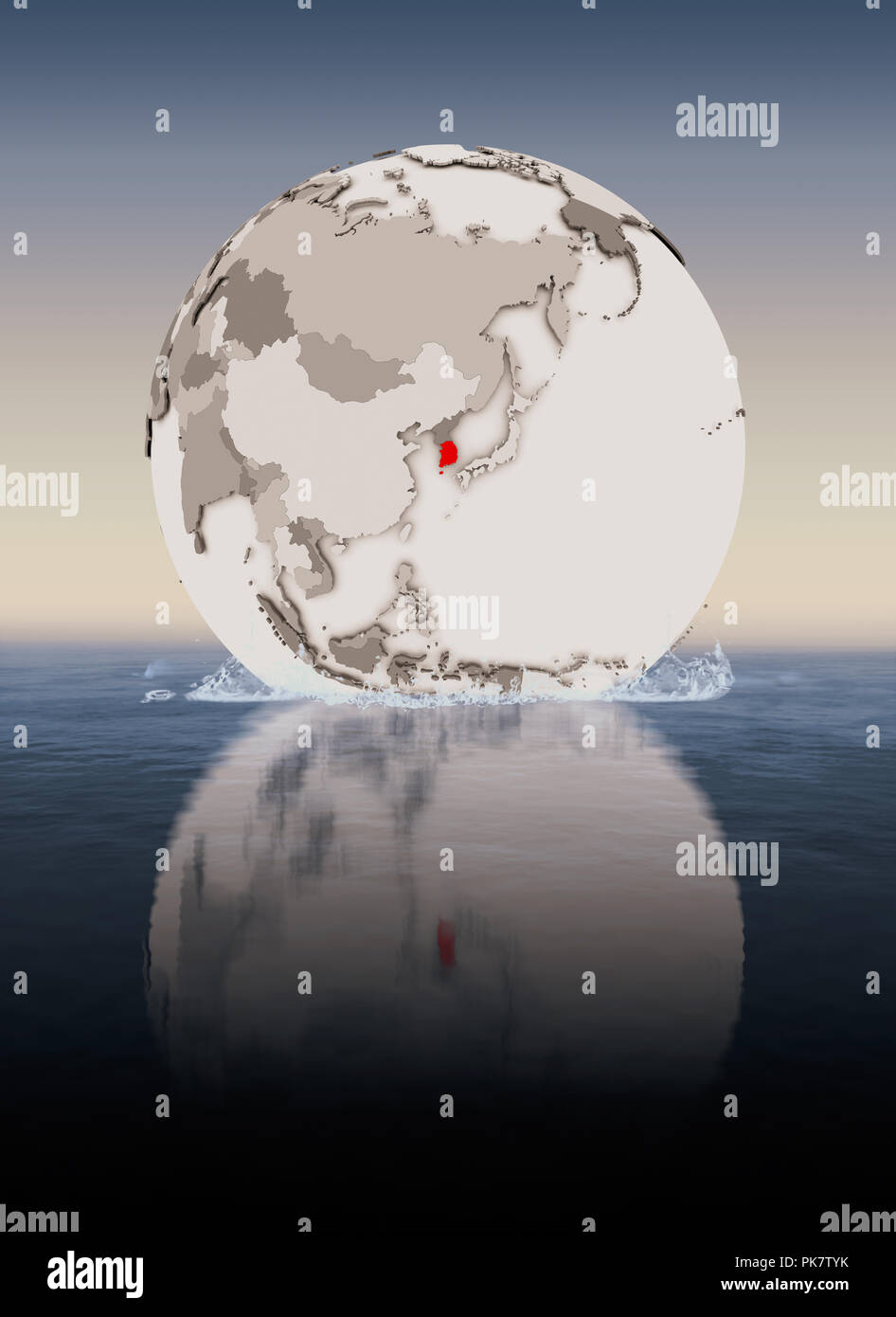 South Korea In red on globe floating in water. 3D illustration Stock ...