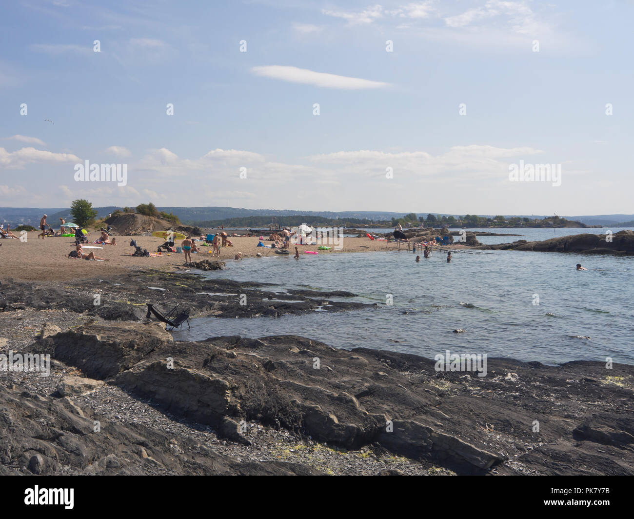 Huk beach, a popular beach with sand and cliffs at Bygdøy in Oslo ...