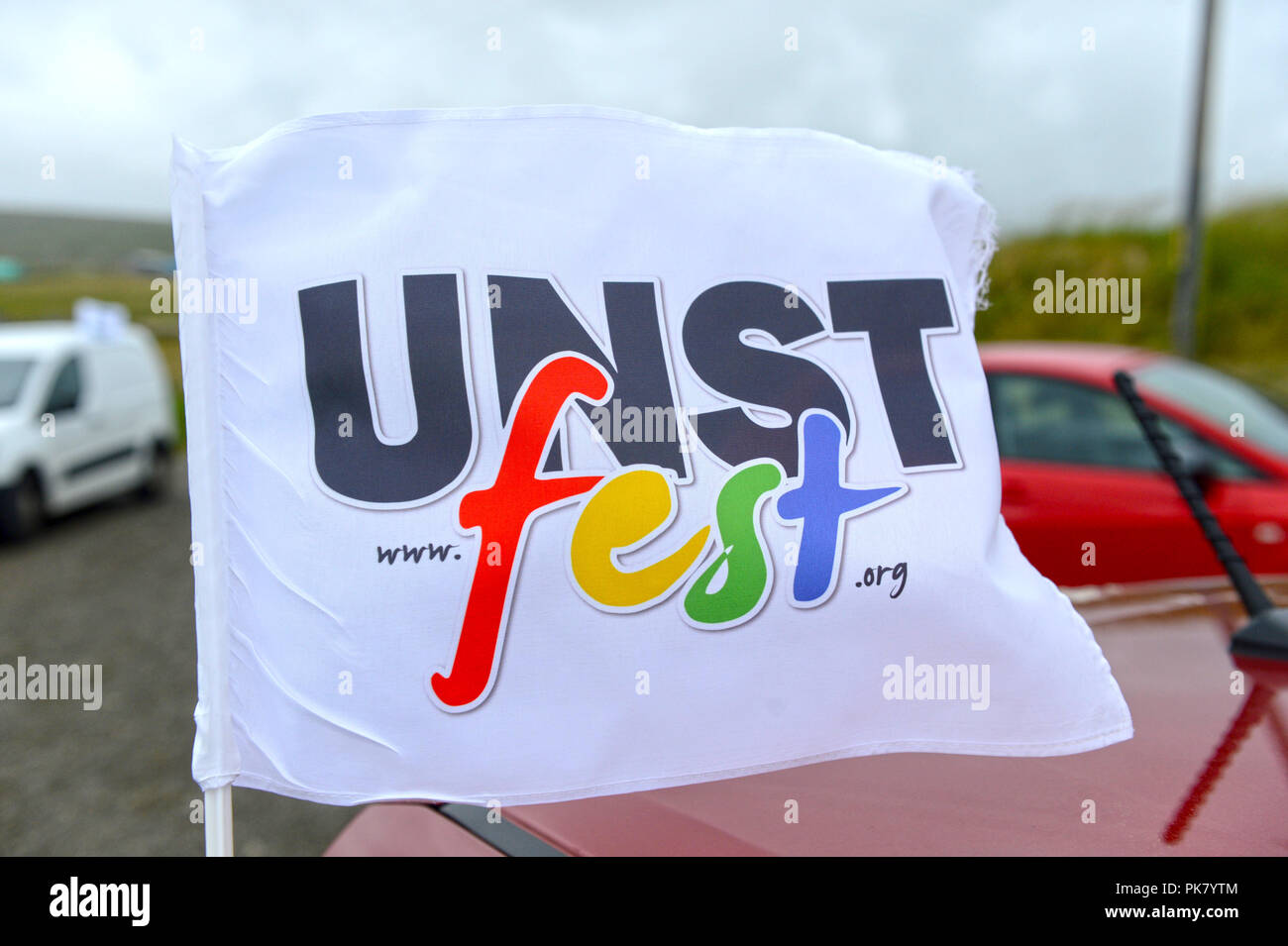 Flags celebrating the annual week long festival Unst Fest held in the ...