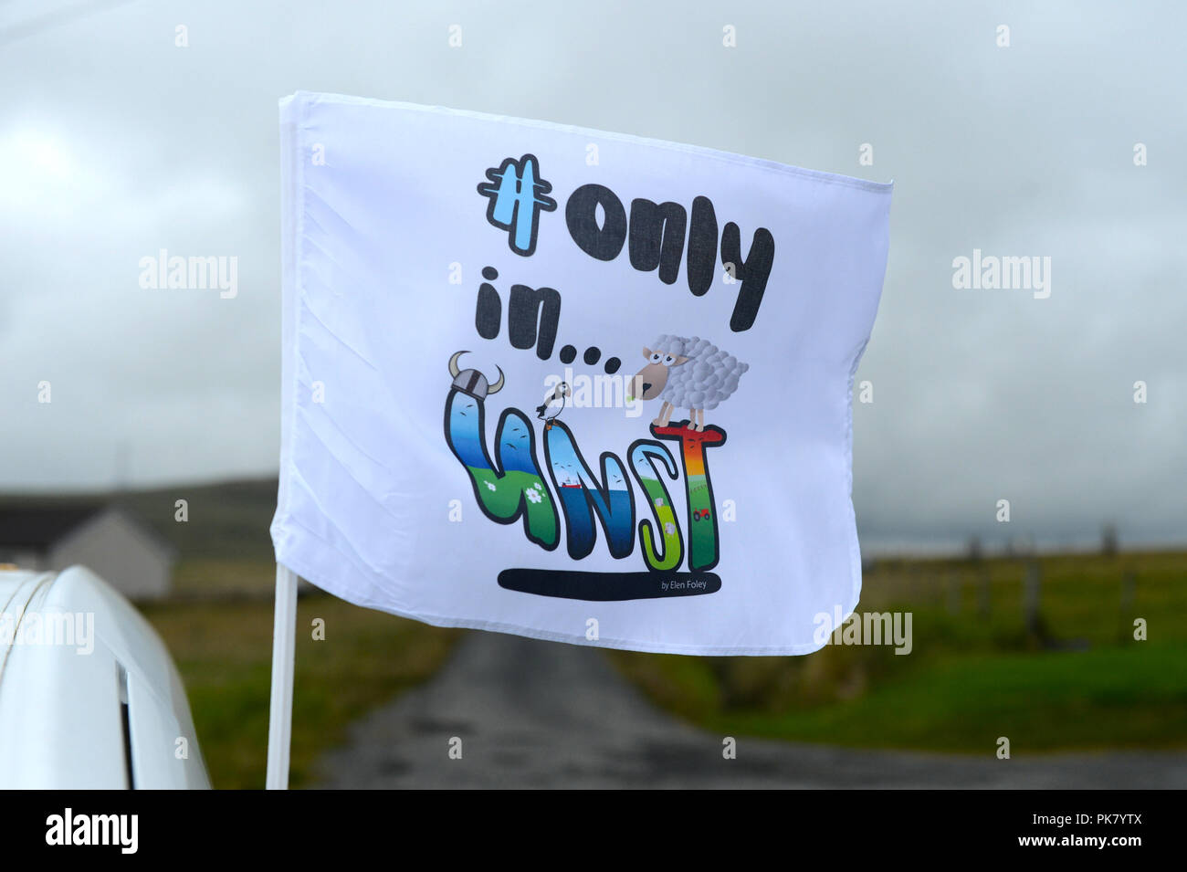 Flags celebrating the annual week long festival Unst Fest held in the ...