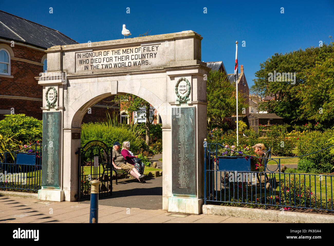 UK, England, Yorkshire, Filey, Murray Street, gate of War Memorial ...