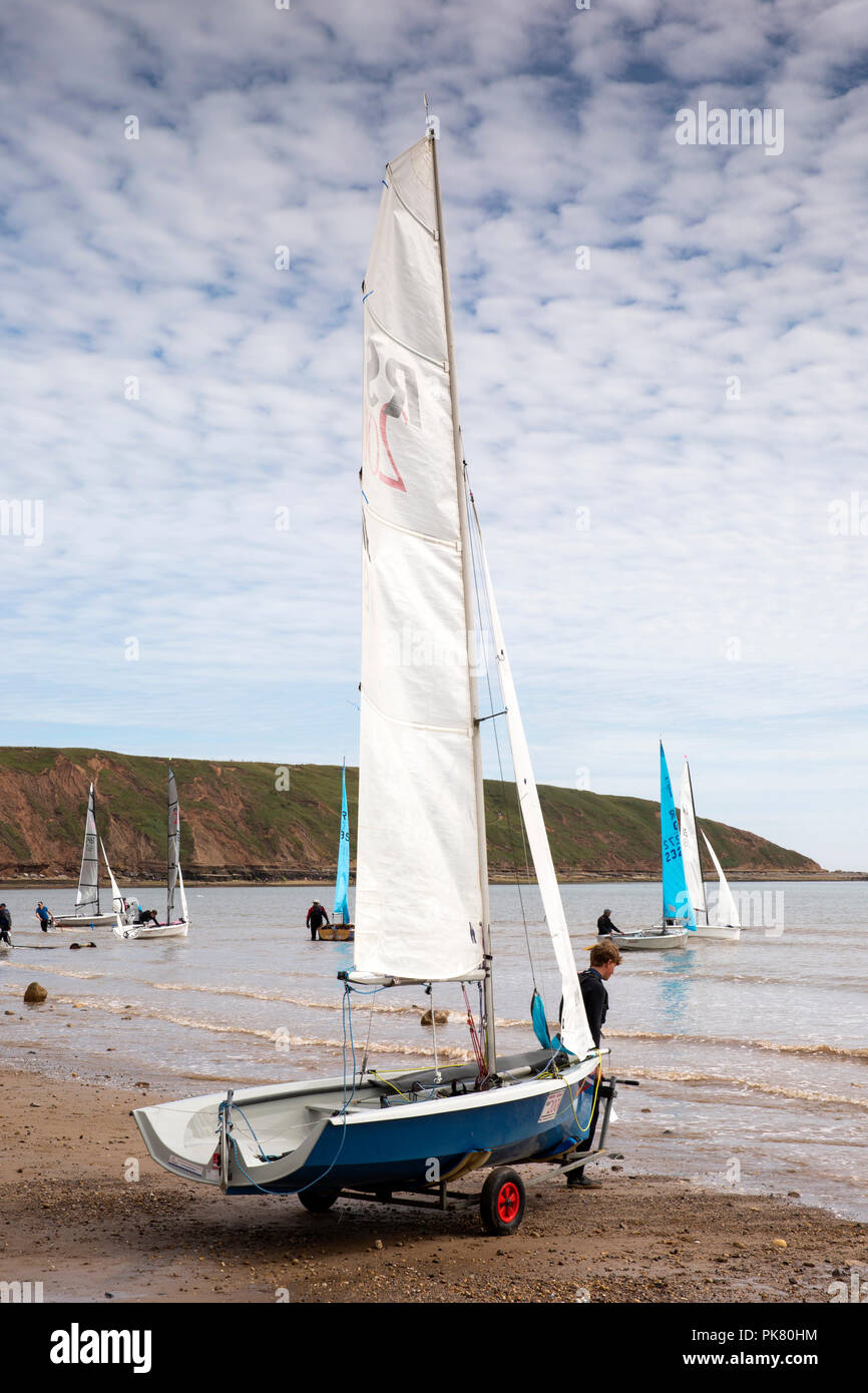 UK, England, Yorkshire, Filey, beach, RS200 dinghy rally launching boat ...