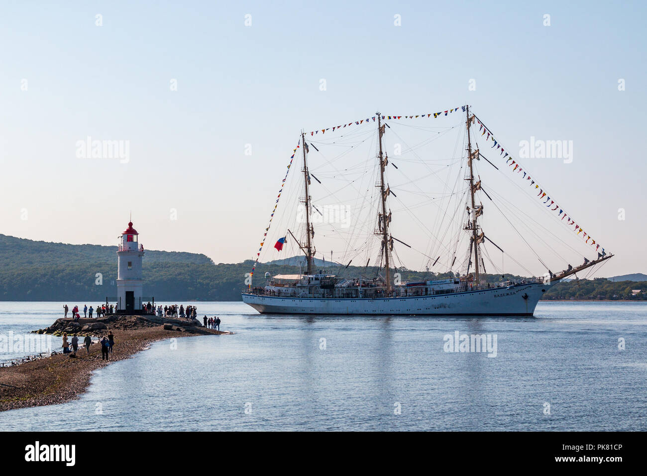 VLADIVOSTOK, RUSSIA - SEPTEMBER 11, 2018: The movement of sailing ship ...