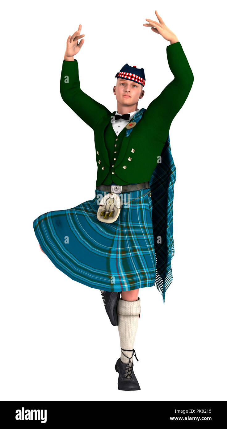 3D rendering of a highlander wearing a scottish kilt dancing isolated ...
