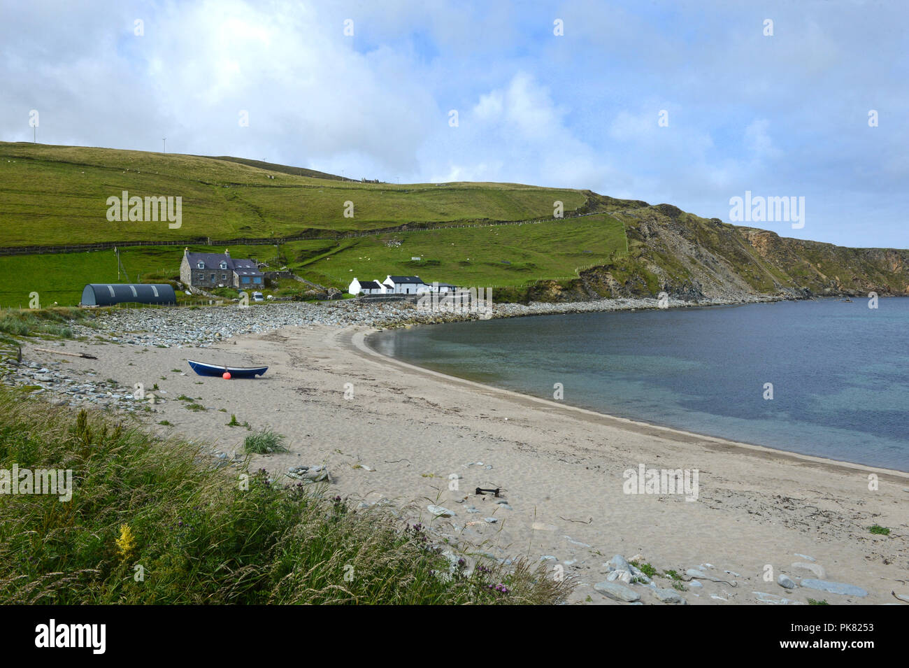 Norwick beach on the island of Unst in the Shetland Isles with Shetland ...