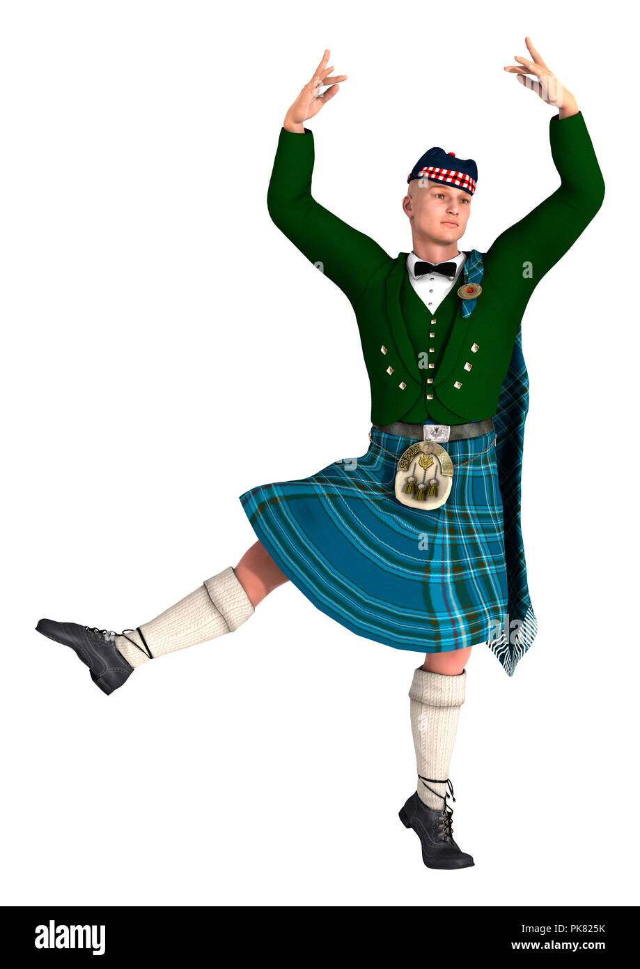 3D rendering of a highlander wearing a scottish kilt dancing isolated ...