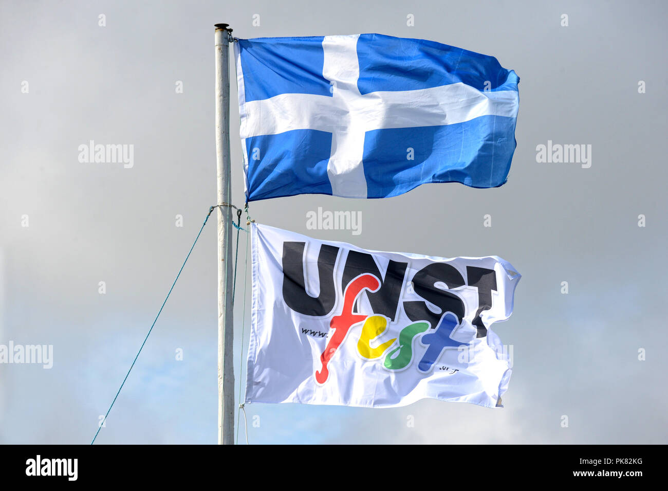 Flags celebrating the annual week long festival Unst Fest held in the ...