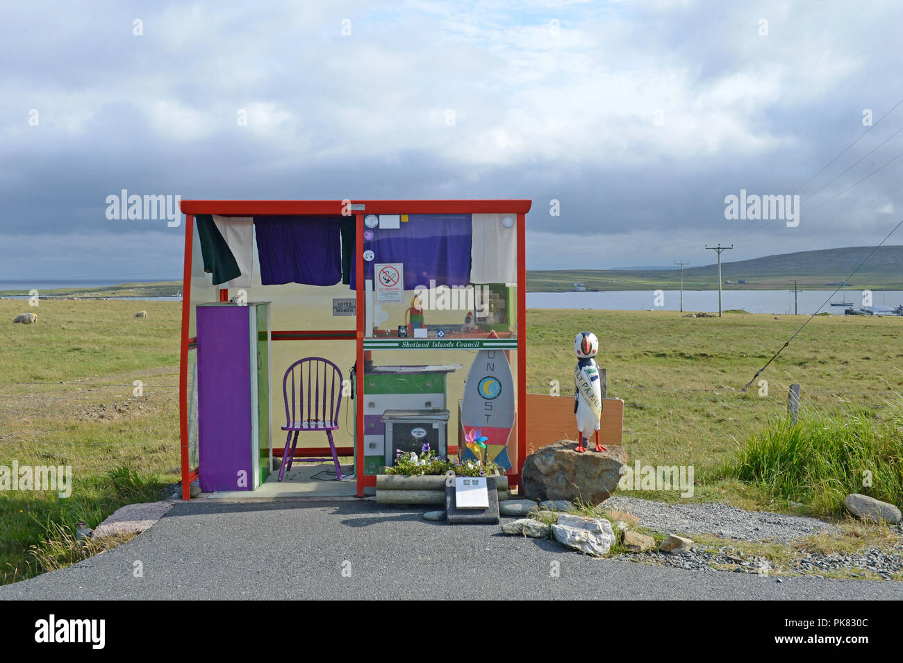 Famous decorated bus stop on the island of Unst in Shetland that is ...