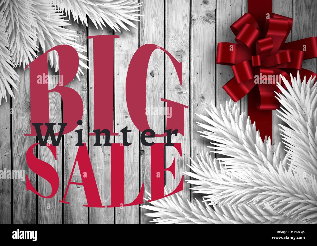 Winter Sale red ribbon and branches of a fir in white Stock Photo - Alamy