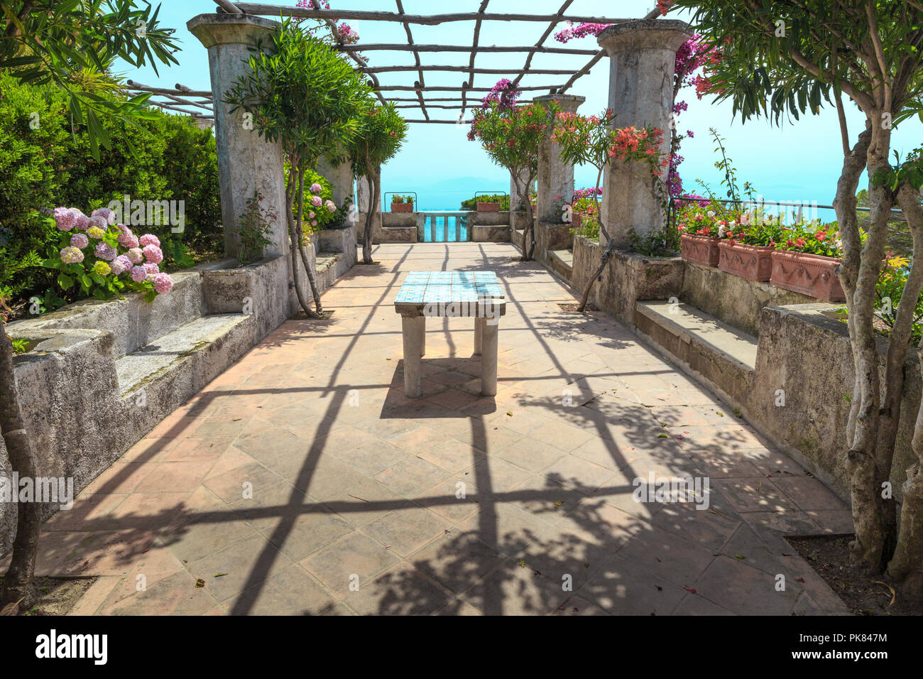 Pergola on the terrace. Mediterranean Sea. Ravello, scenic view of the ...