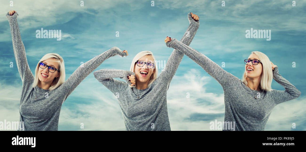 Beautiful young woman celebrating success in different positions ...