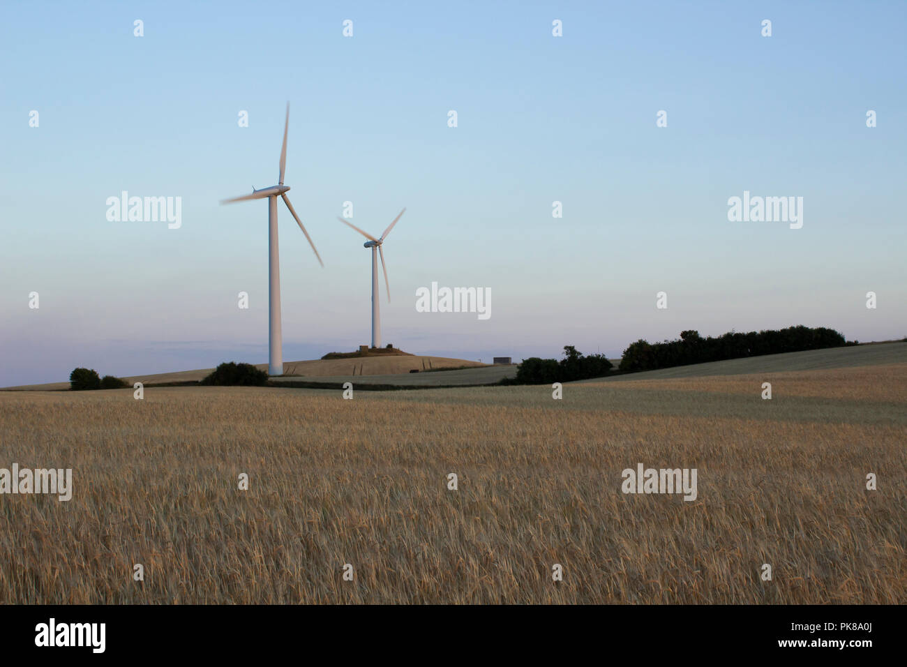 Wind turbines at a field for agriculture in the island of Jylland ...