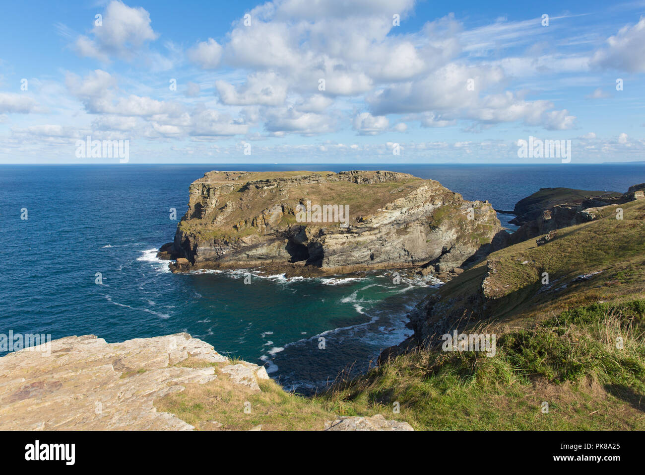 Coast path view near Tintagel Cornwall England UK blue sky and sea ...