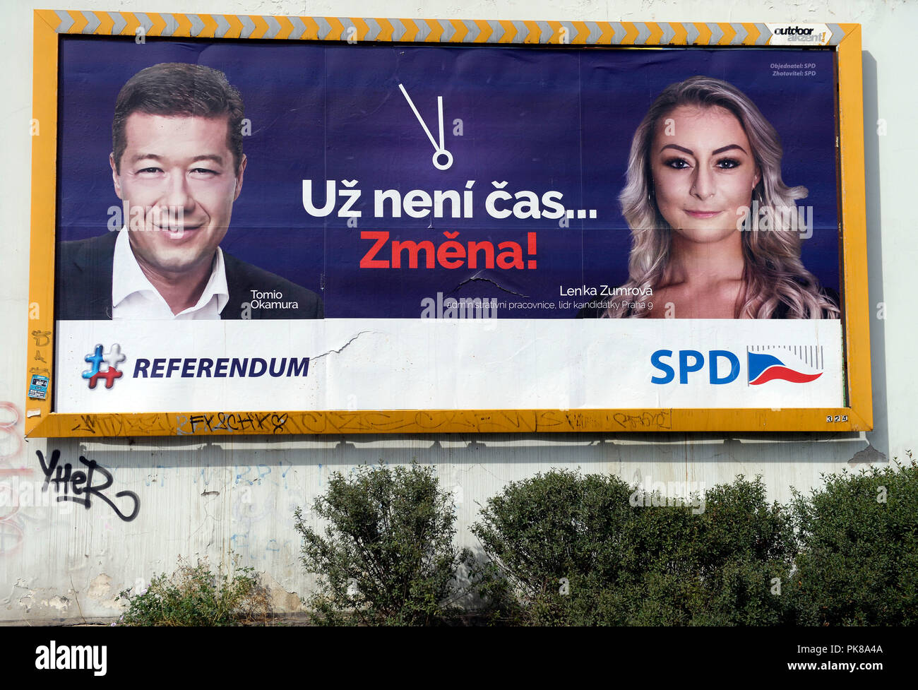 Billboard of SPD (Freedom and Direct Democracy), Tomio Okamura, left ...