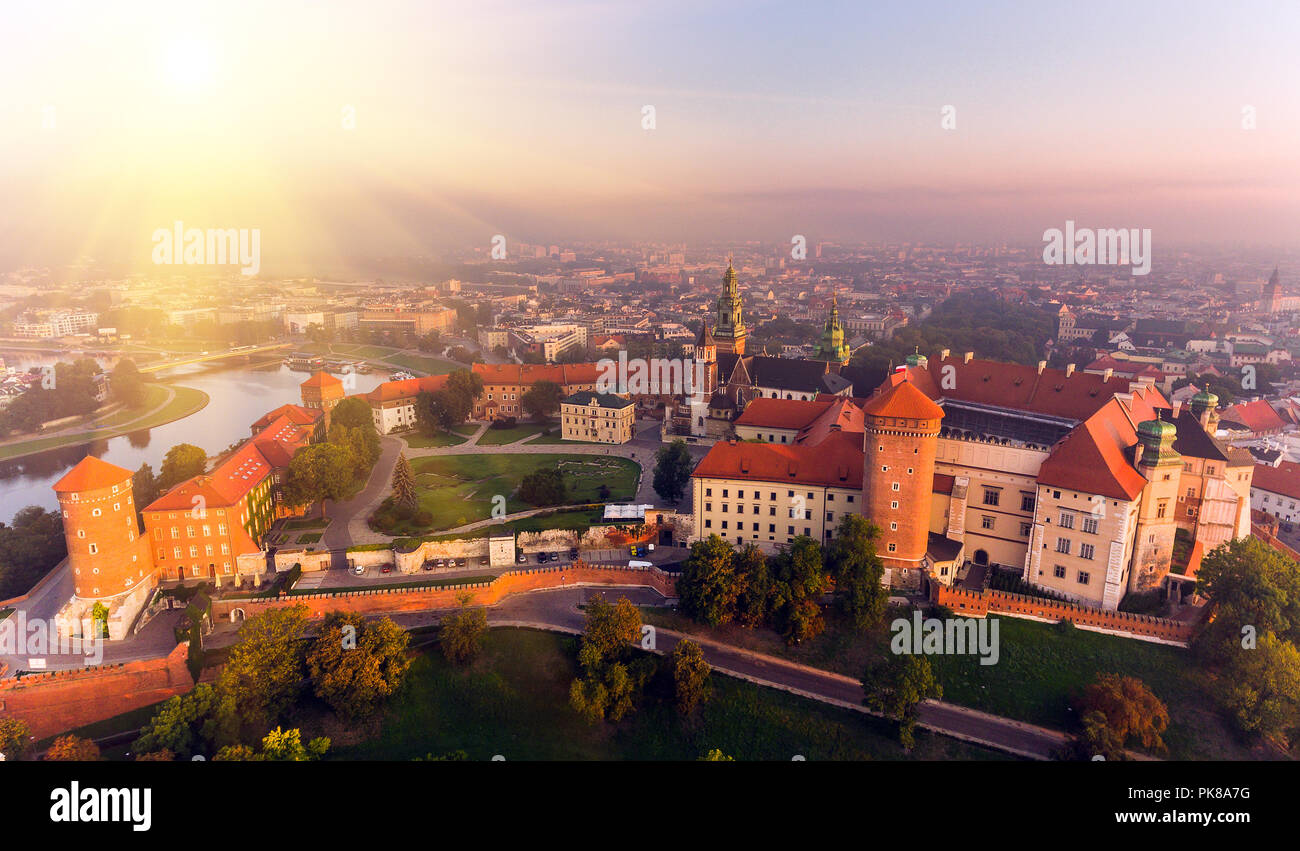 Aerial view Royal Wawel Castle and Gothic Cathedral in Cracow, Poland ...