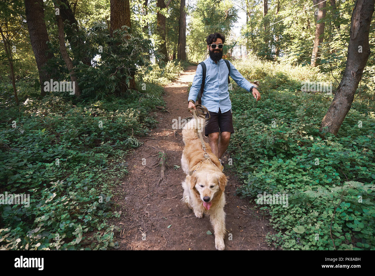 Handsome man walking his dog in the woods following a path. Happy ...