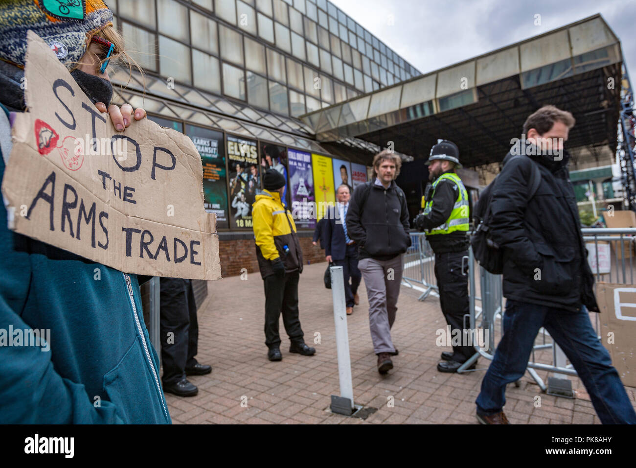 Exhibitors leave the Motorpoint Arena, Cardiff amid a protest against ...
