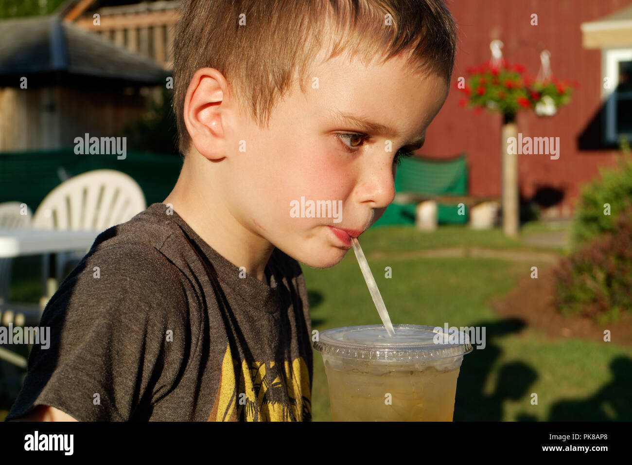 A six year old boy drinking home-made lemonade through a straw Stock ...