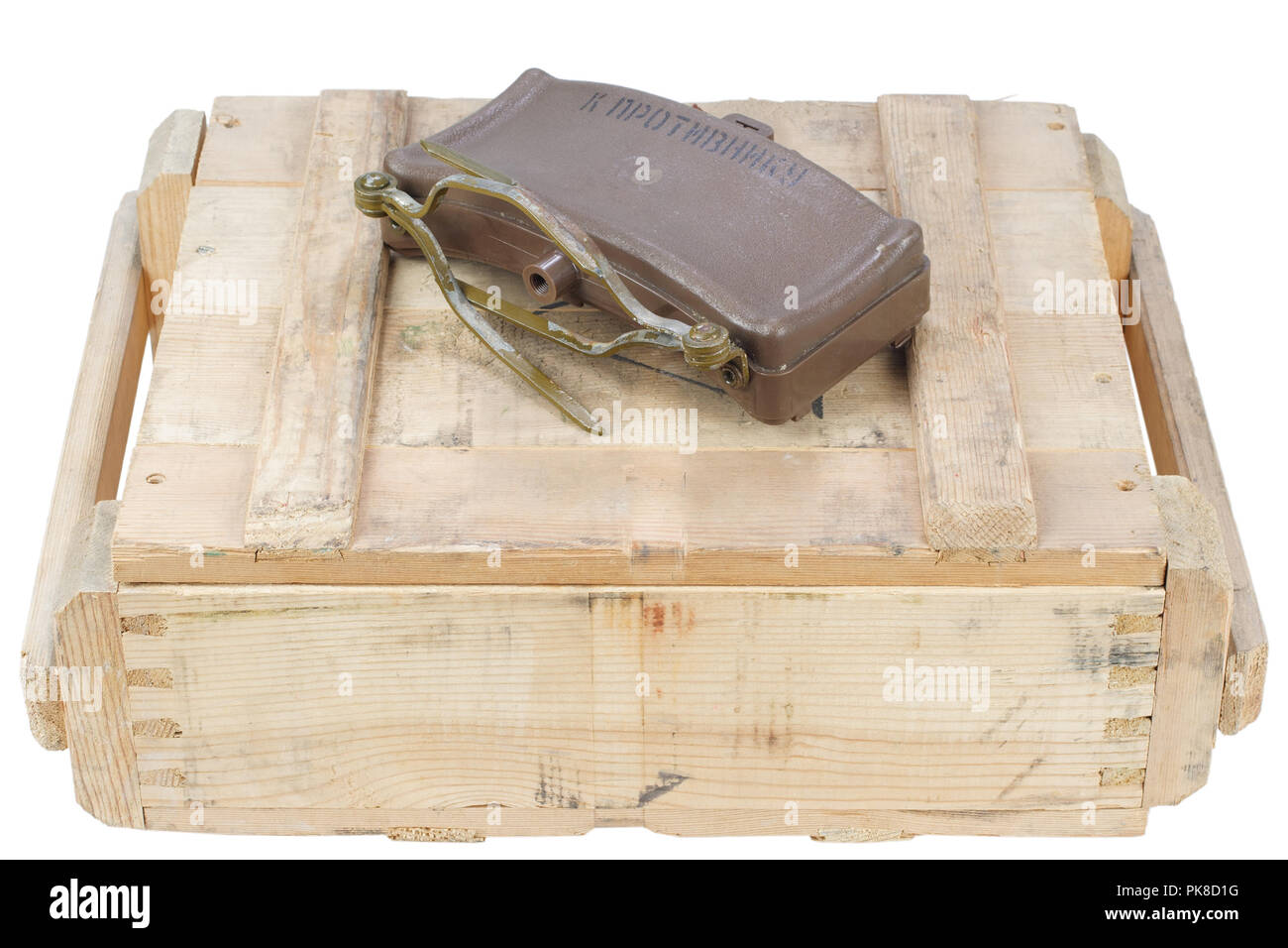Army box of ammunition with anti-personnel mine. Text on russian ...
