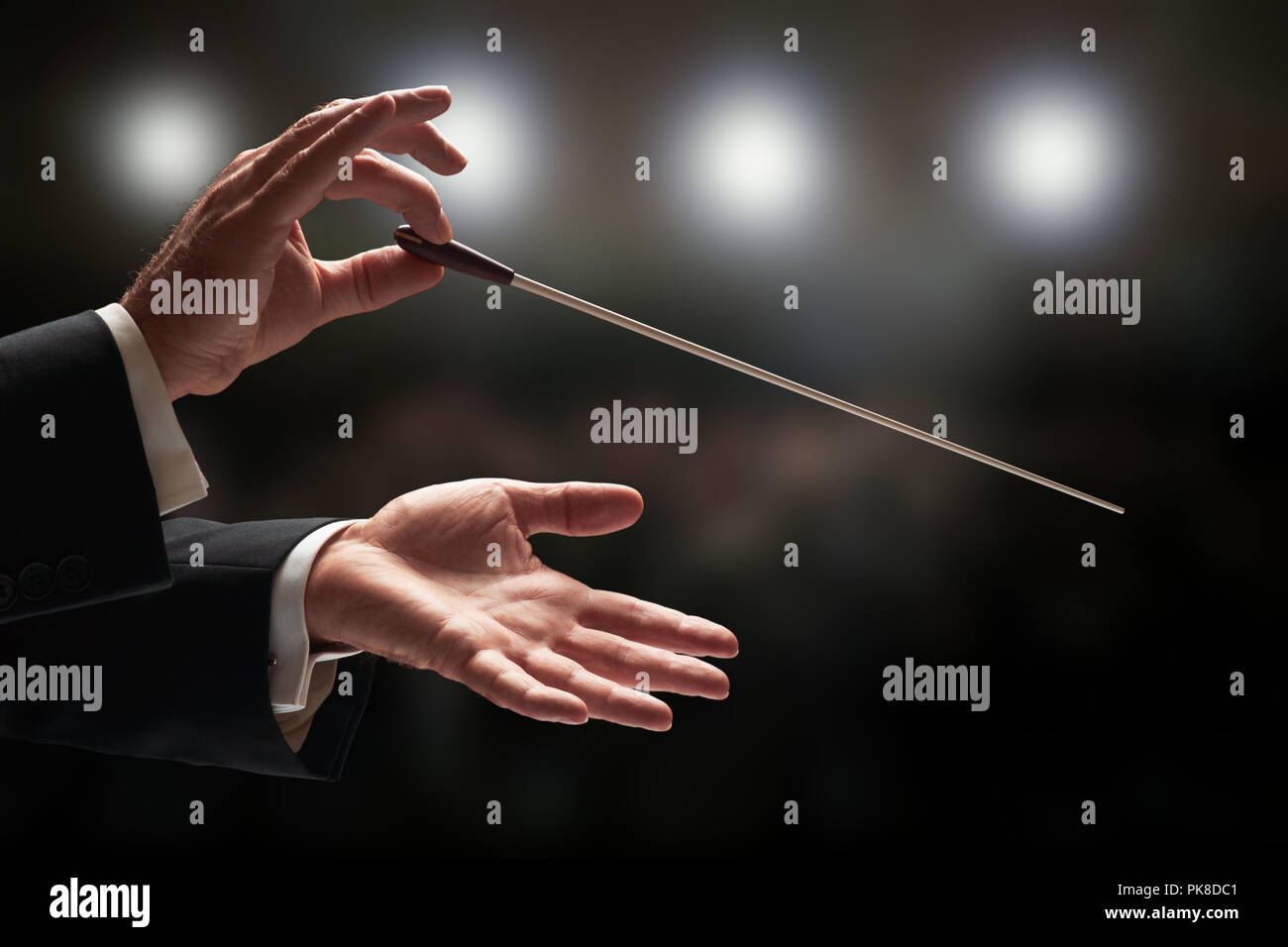 Conductor conducting an orchestra with audience in background Stock ...