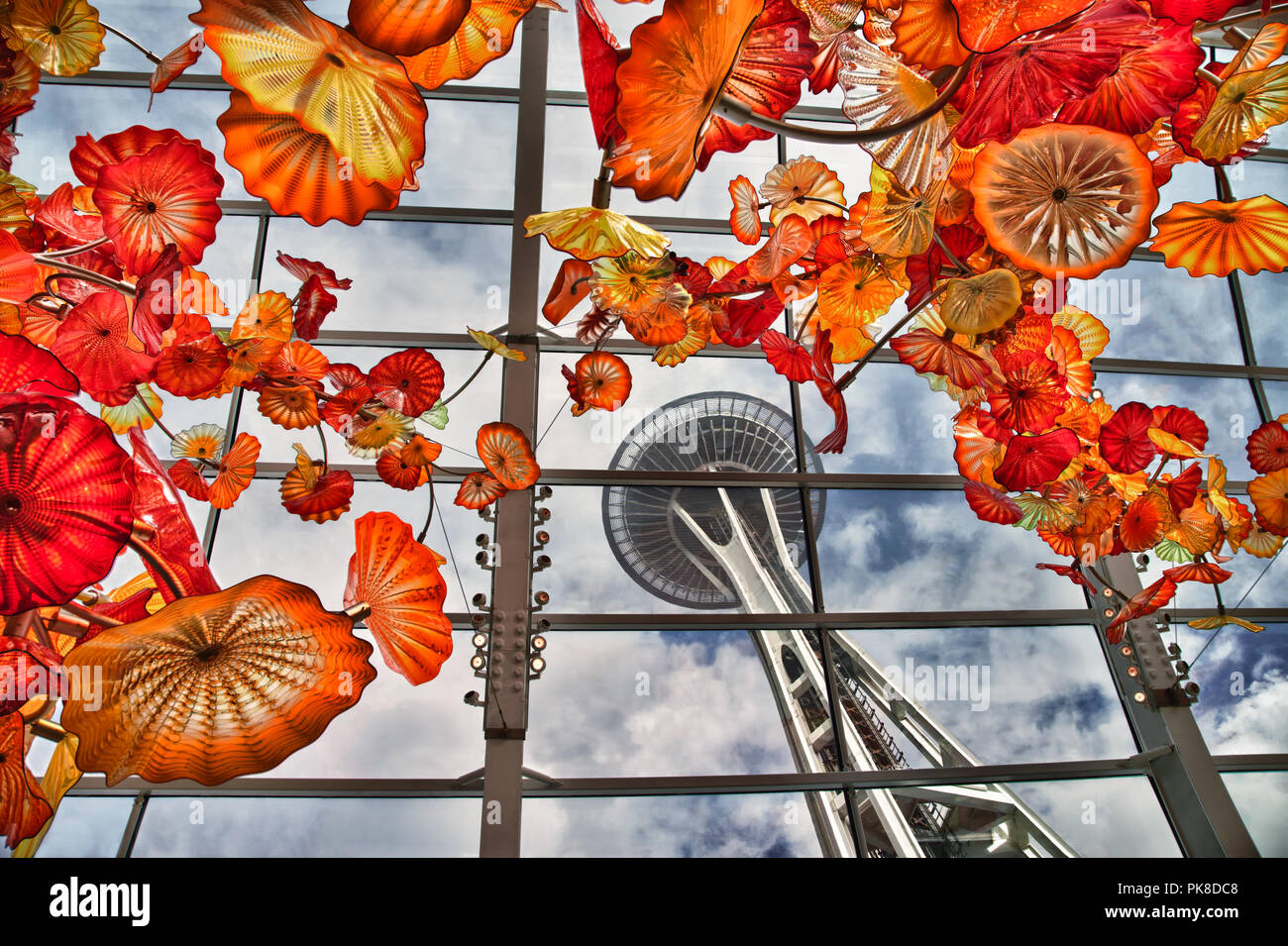 Seattle Space Needle as seen from inside the Chihuly Garden Stock Photo ...