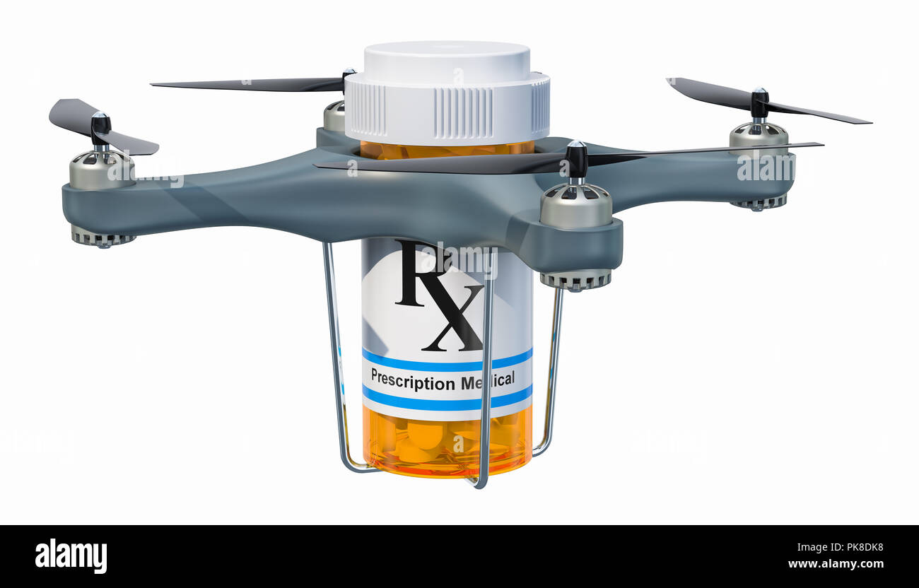 Delivery drone with medicament bottle, 3D rendering isolated on white ...