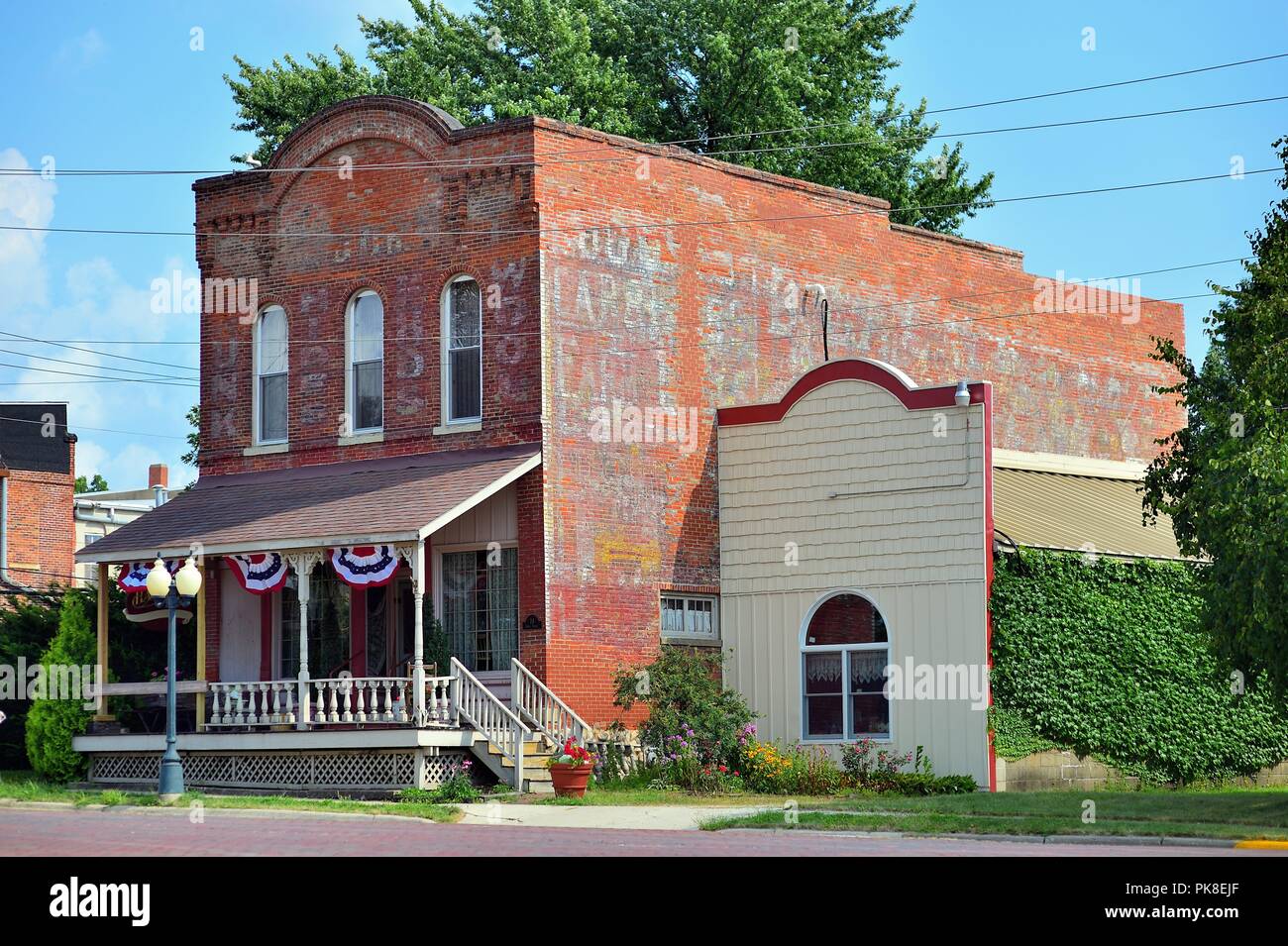 Princeton, Illinois, USA. A venerable building decorated with bunting ...