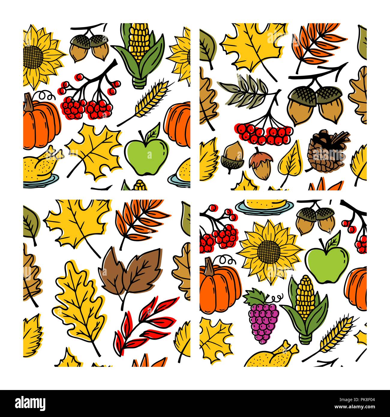 Set of seamless patterns of autumn elements of nature handmade ...