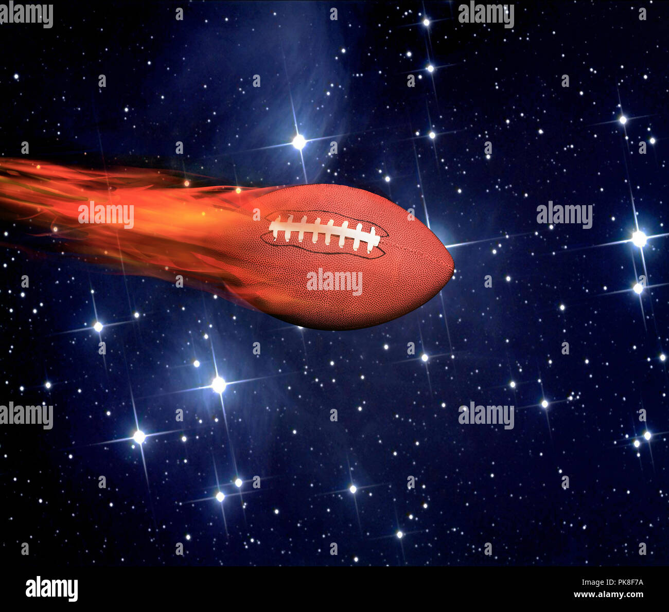 America football flying fast and on fire in outerspace Stock Photo - Alamy