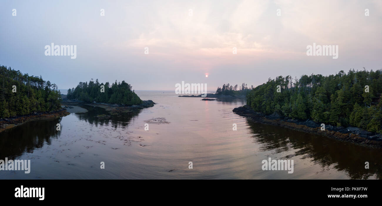 Aerial panoramic seascape view of Pacific Ocean Coast during a cloudy ...