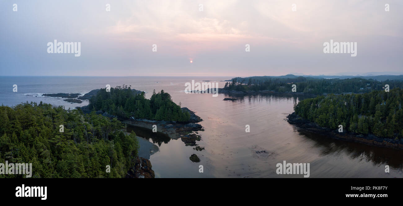 Aerial panoramic seascape view of Pacific Ocean Coast during a cloudy ...
