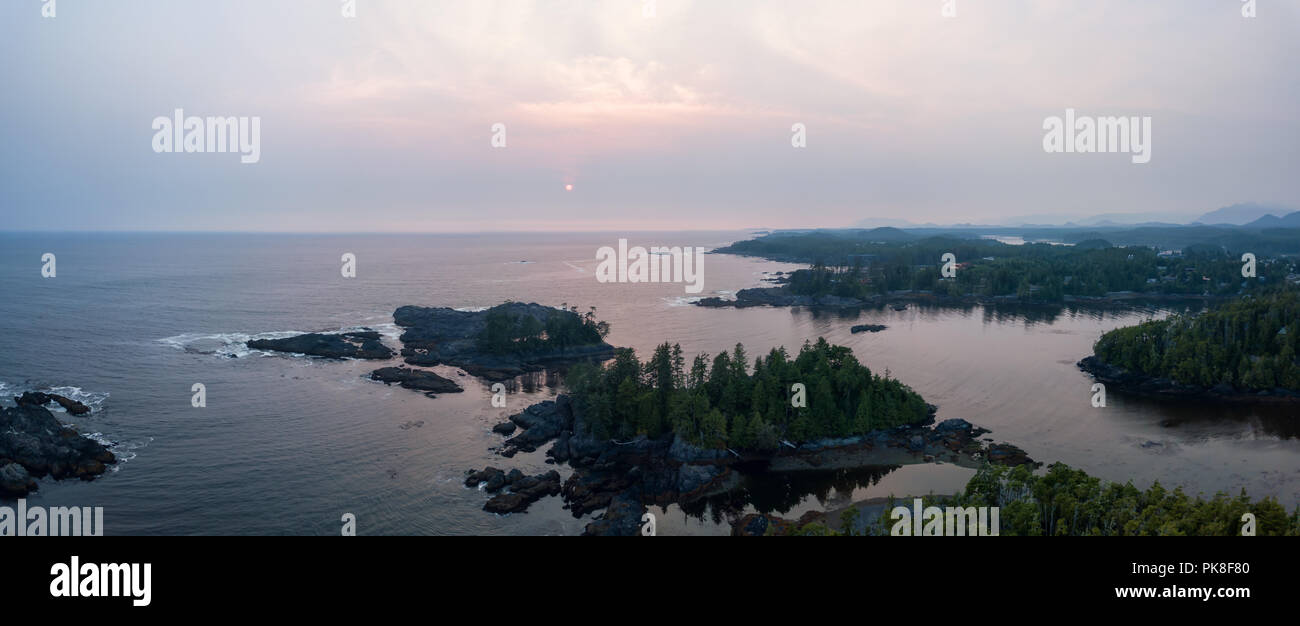 Aerial panoramic seascape view of Pacific Ocean Coast during a cloudy ...