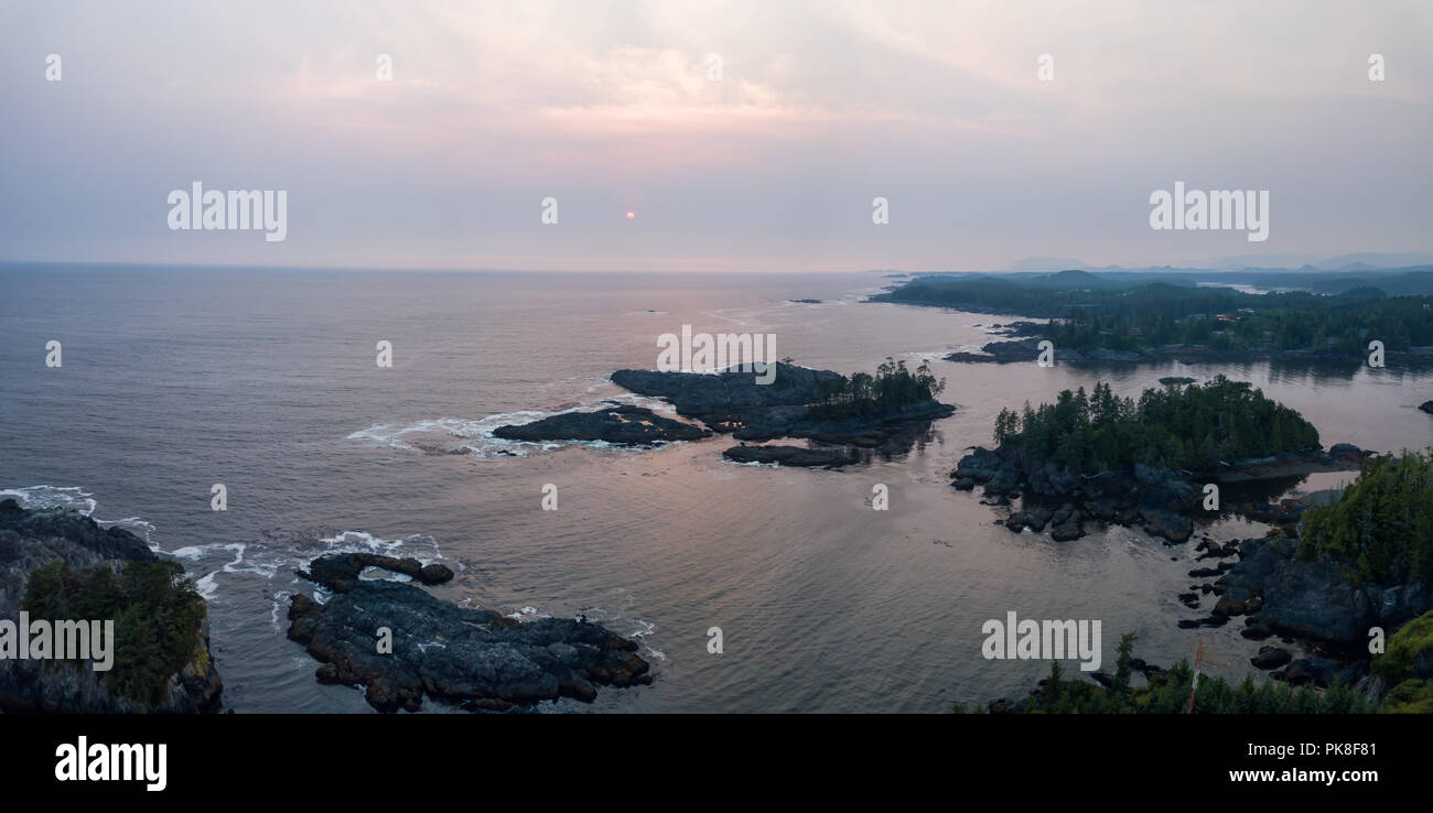 Aerial panoramic seascape view of Pacific Ocean Coast during a cloudy ...