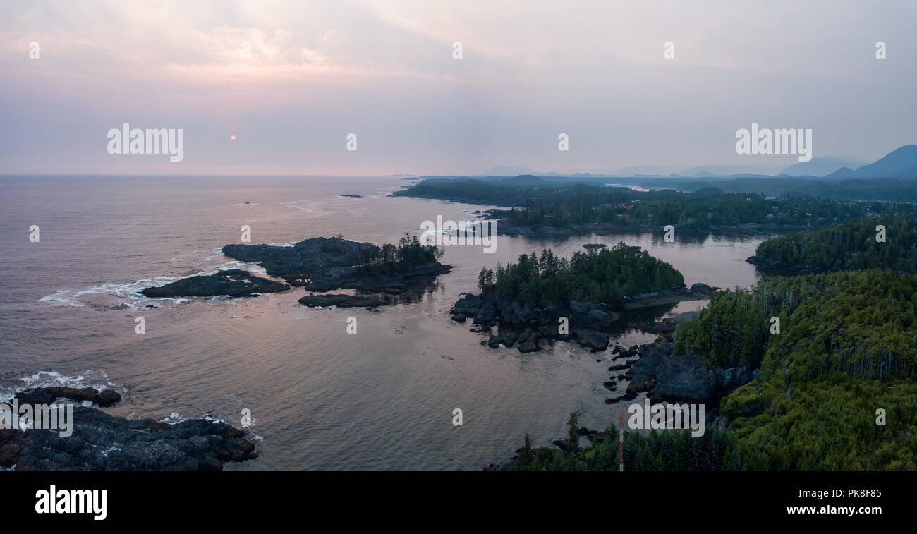 Aerial panoramic seascape view of Pacific Ocean Coast during a cloudy ...