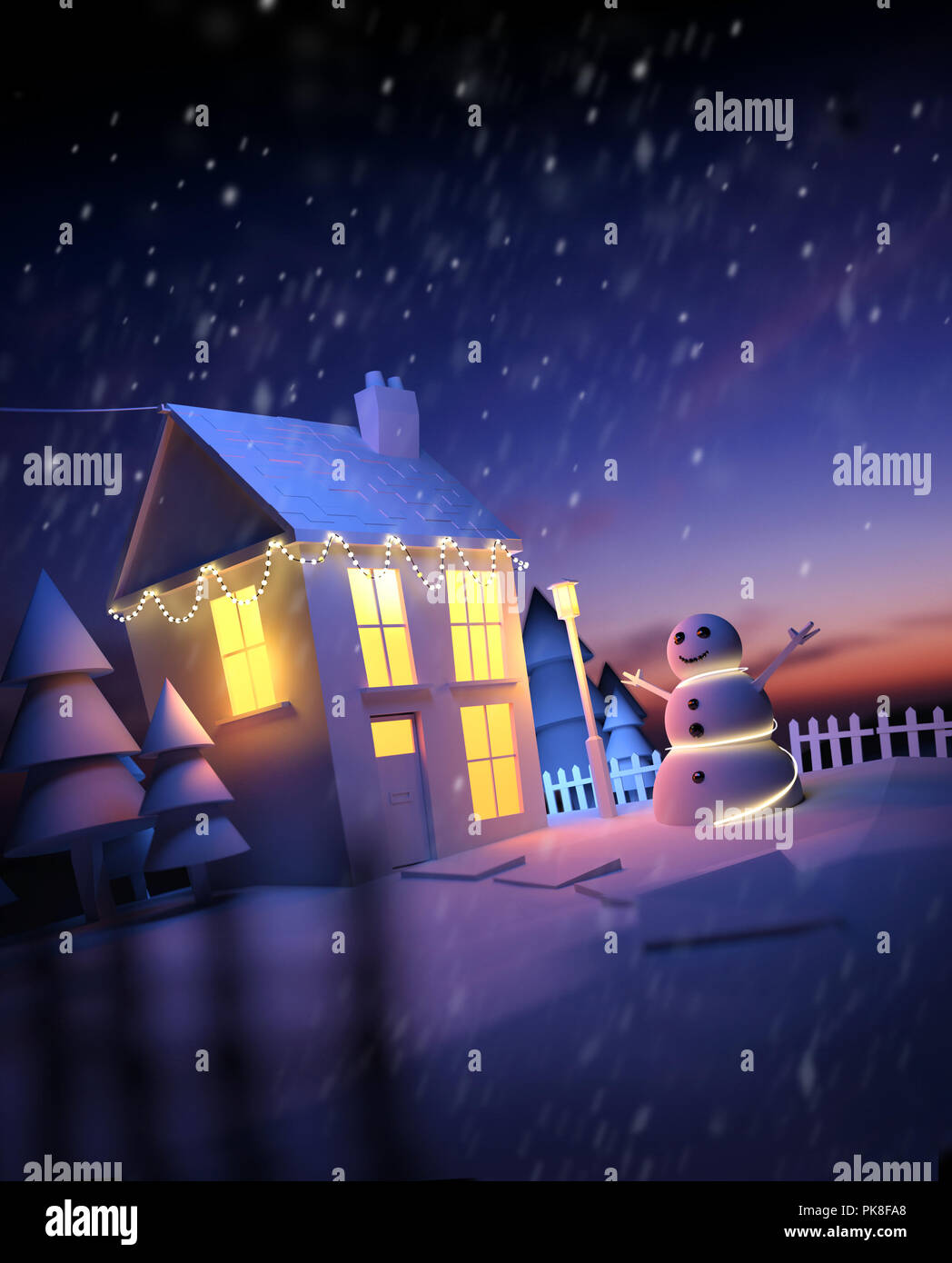Christmas at home. A winter scene with a welcoming house lit up with ...