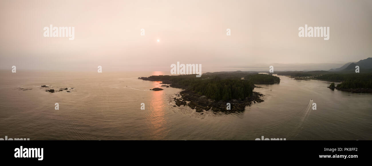 Aerial panoramic seascape view of the Pacific Ocean Coast during a ...