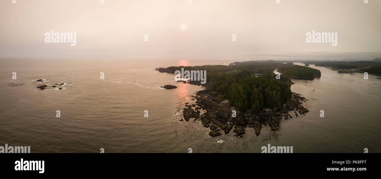 Aerial panoramic seascape view of the Pacific Ocean Coast during a ...