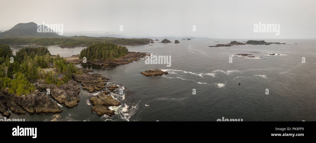 Aerial panoramic seascape view of the Pacific Ocean Coast during a ...