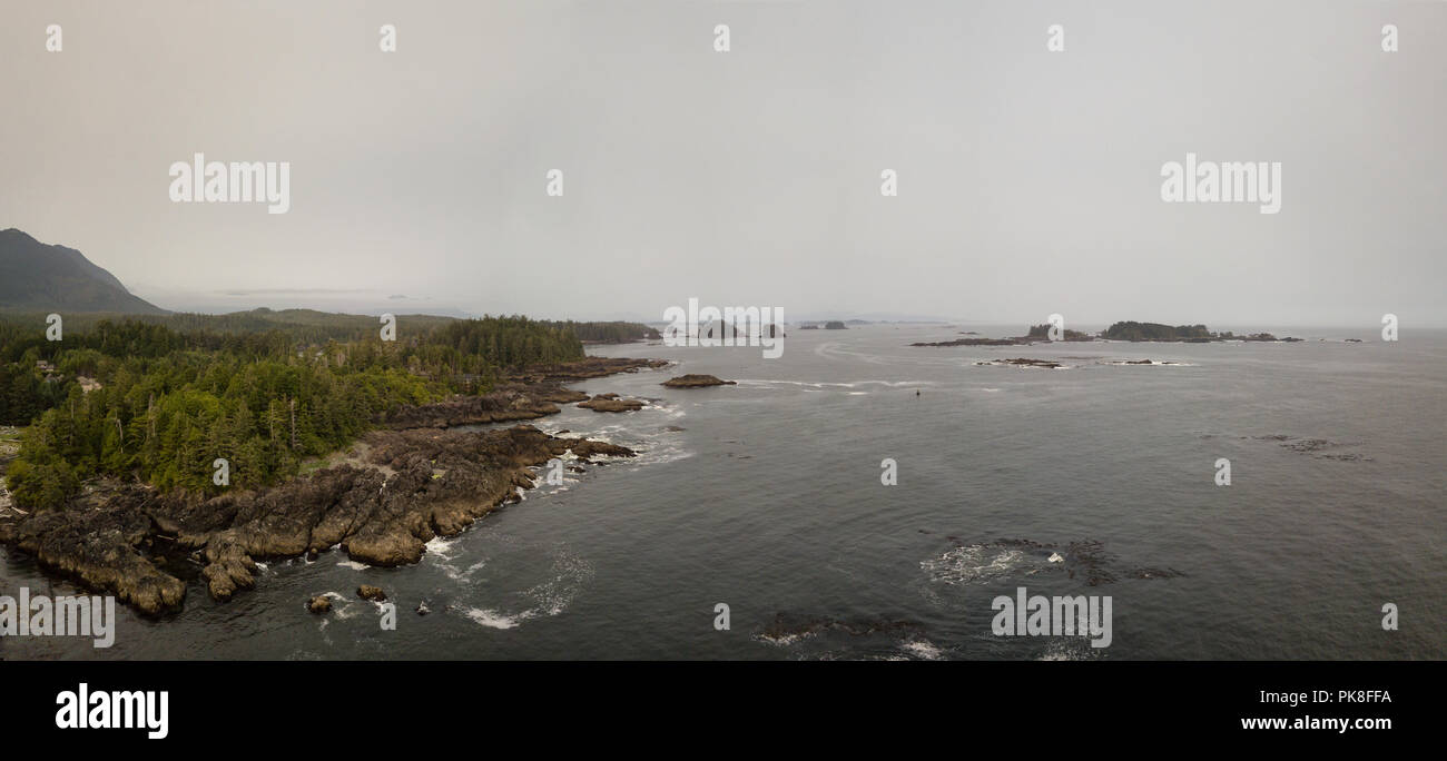 Aerial panoramic seascape view of the Pacific Ocean Coast during a ...